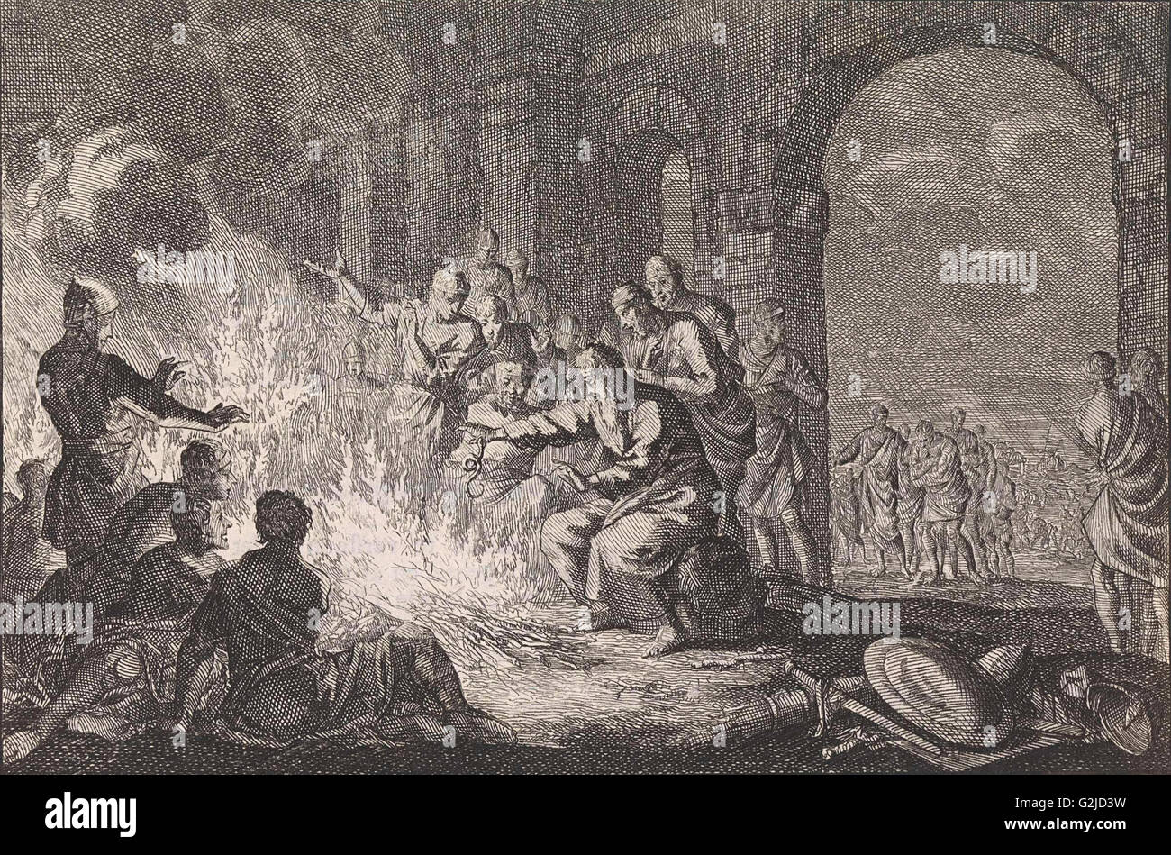 Paul is bitten by a viper in Malta, Jan Luyken, Pieter Mortier, 1703 ...