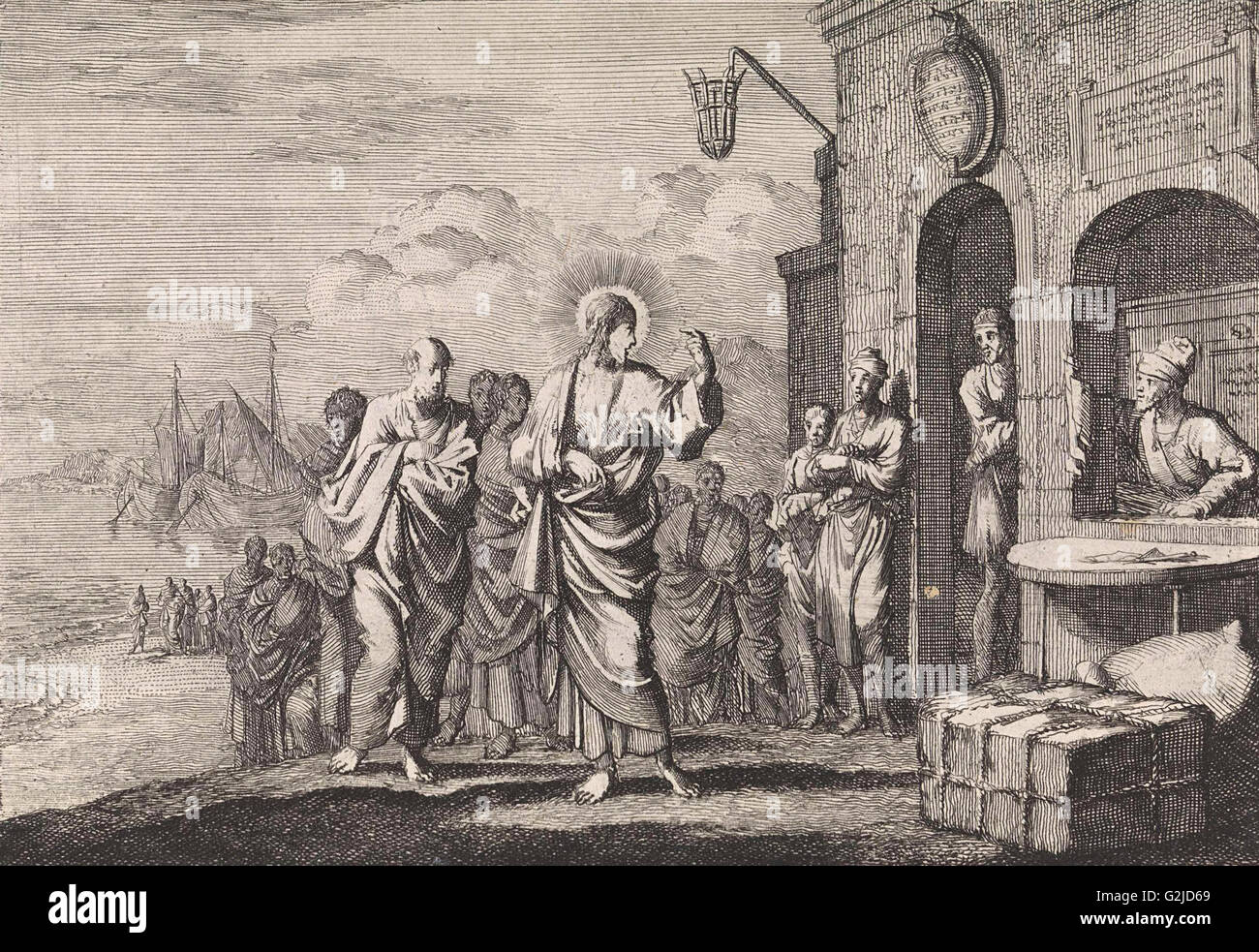 Calling of Matthew, Jan Luyken, Pieter Mortier, 1703 - 1762 Stock Photo ...