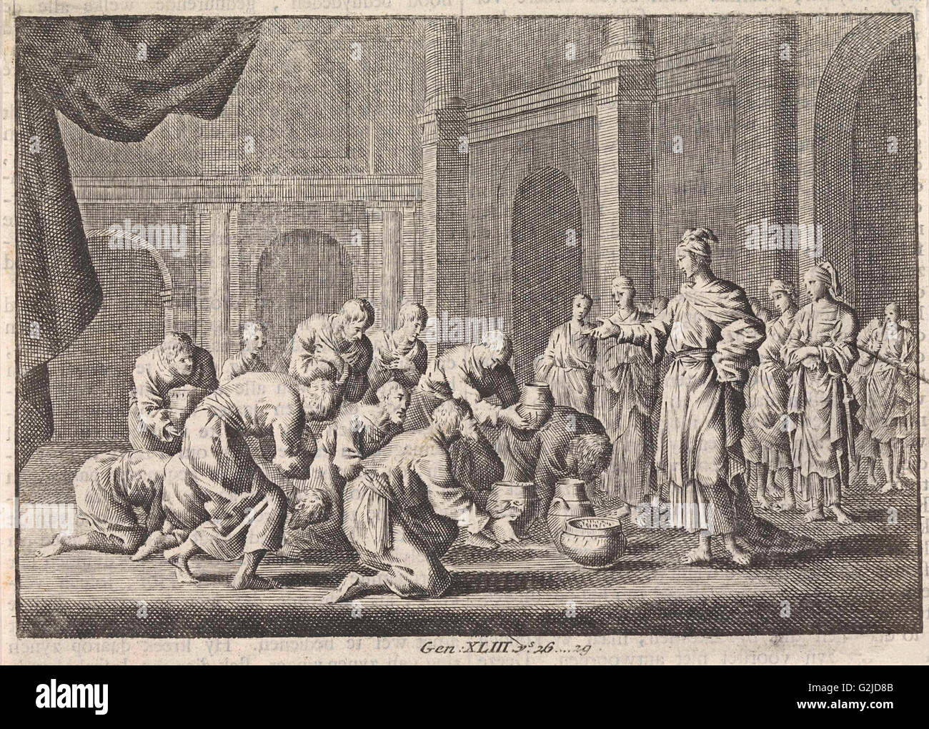 Joseph's brothers kneel before him, Jan Luyken, Pieter Mortier, 1703 ...