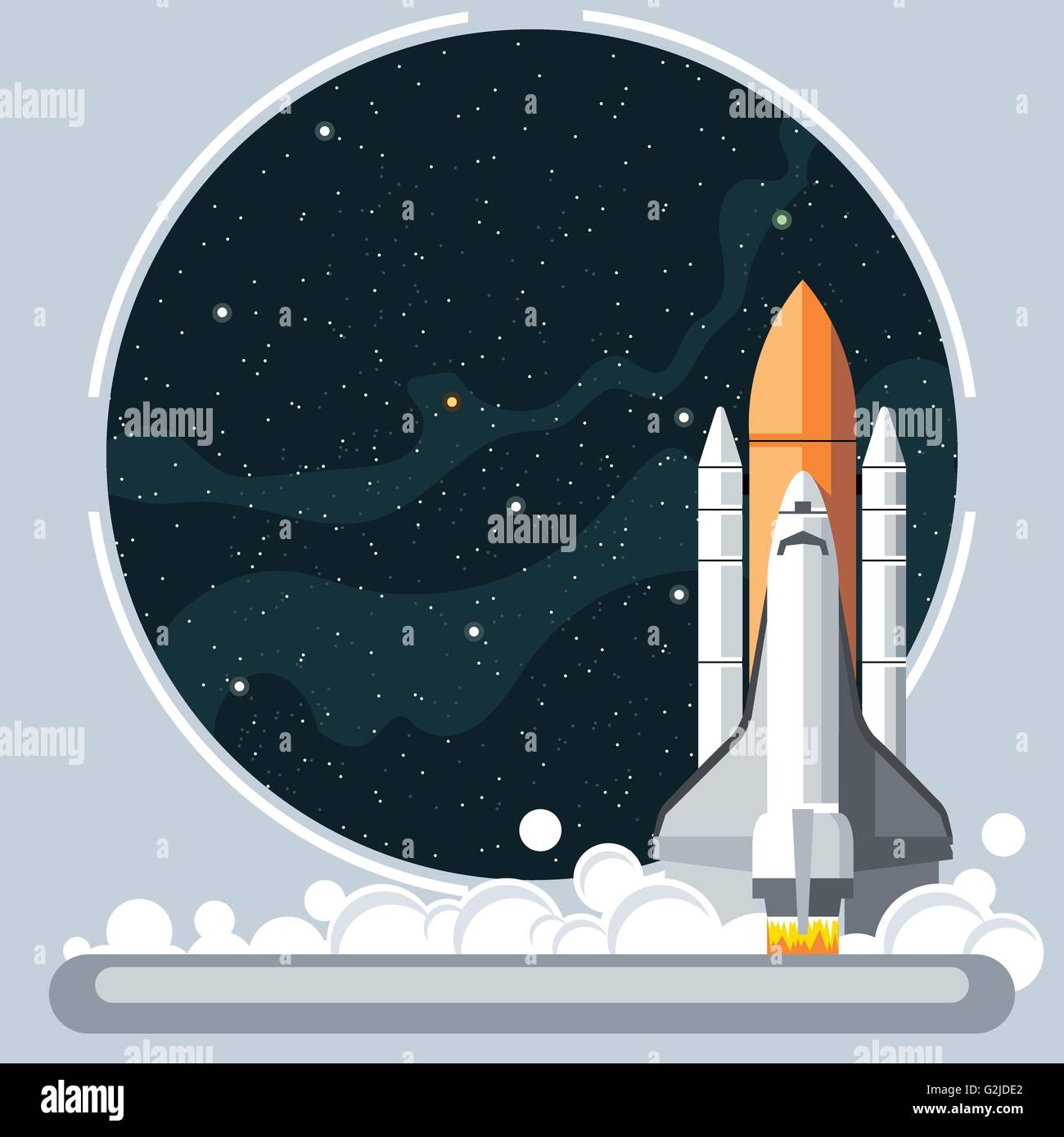 Shuttle at launch with fire and smoke and space view. Digital vector ...