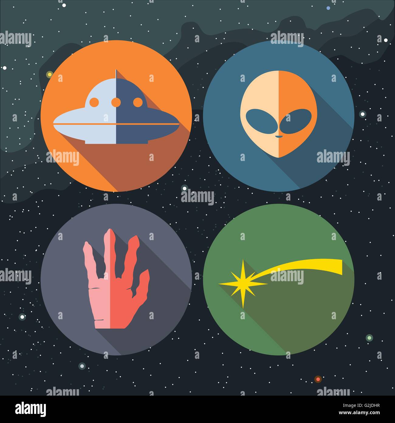 Unidentified flying objects icons set with ship, alien, hand and star ...