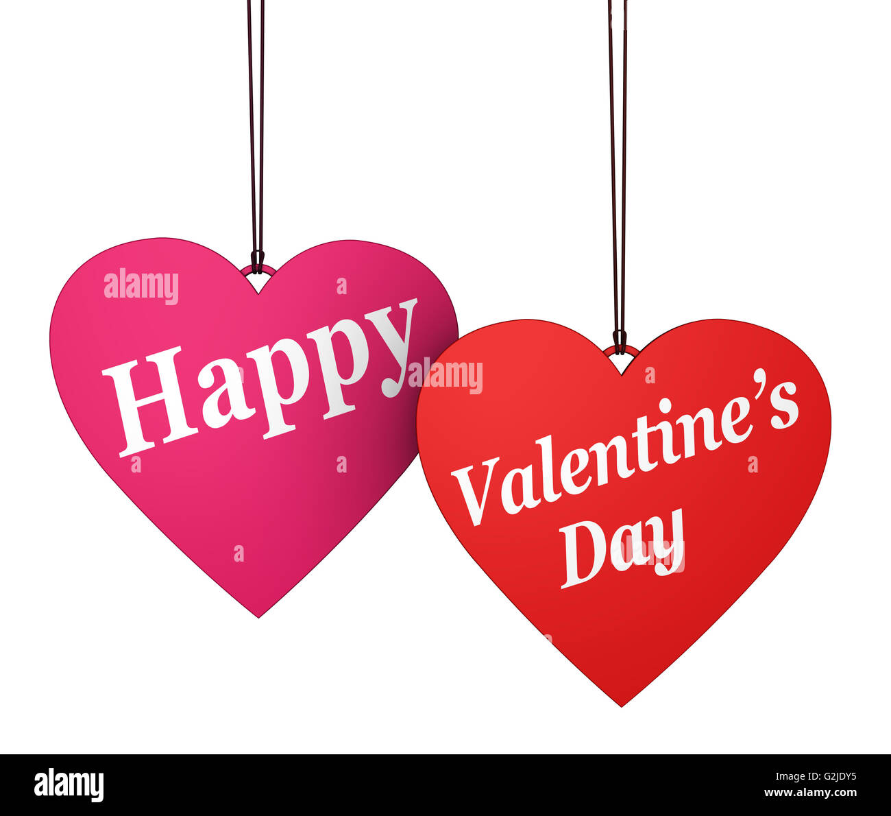 Happy Valentine's Day sign and text on two hanged red and pink heart ...