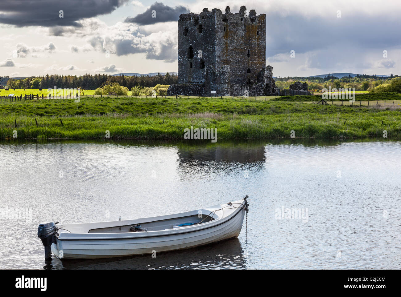 Boat moored in the River Dee at Threave Castle, near Castle Douglas ...