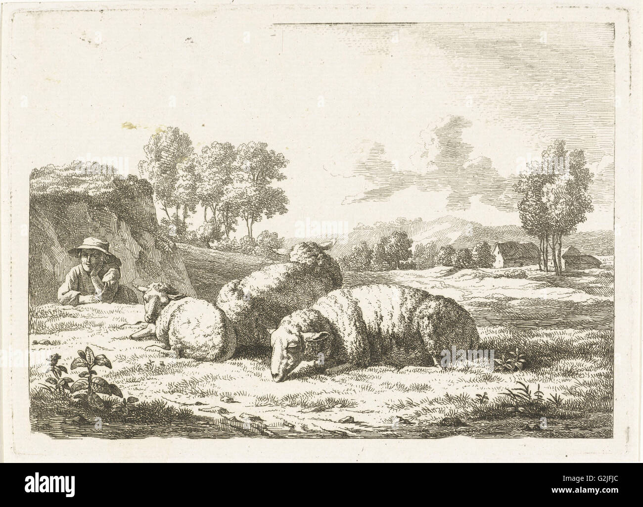 Landscape with Shepherd lying with three sheep, Frédéric Théodore Faber ...