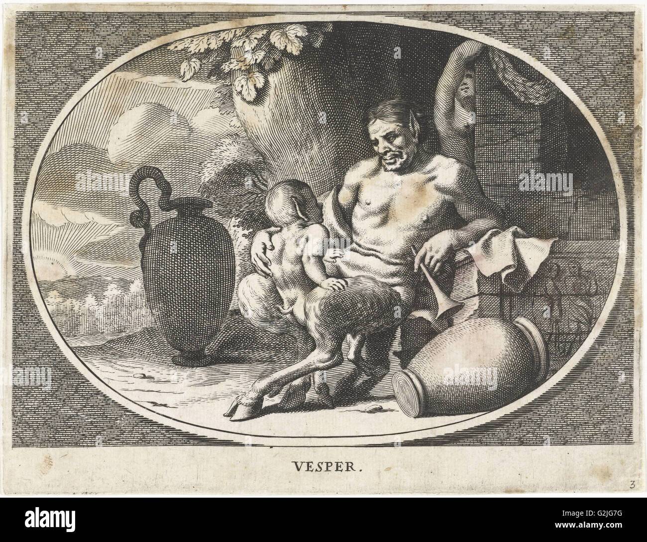 Satyr with child sit at tree, Cornelis van Dalen (II), Charles Le Brun ...