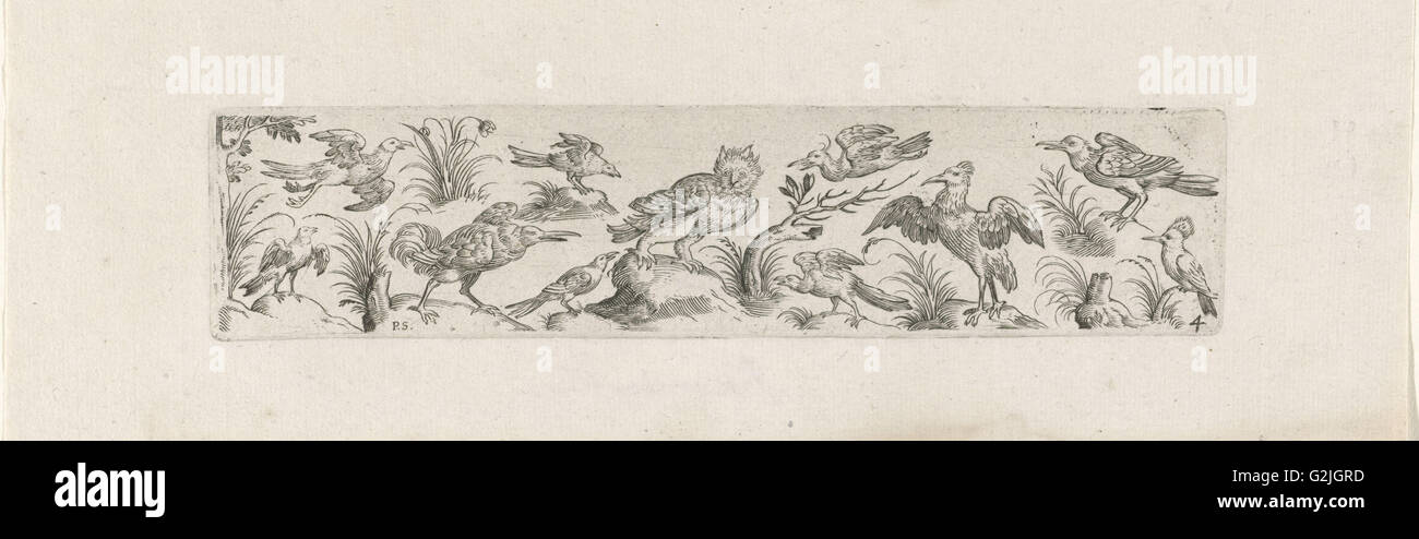 Frieze with eleven birds, at the left end of the frieze is a tree ...