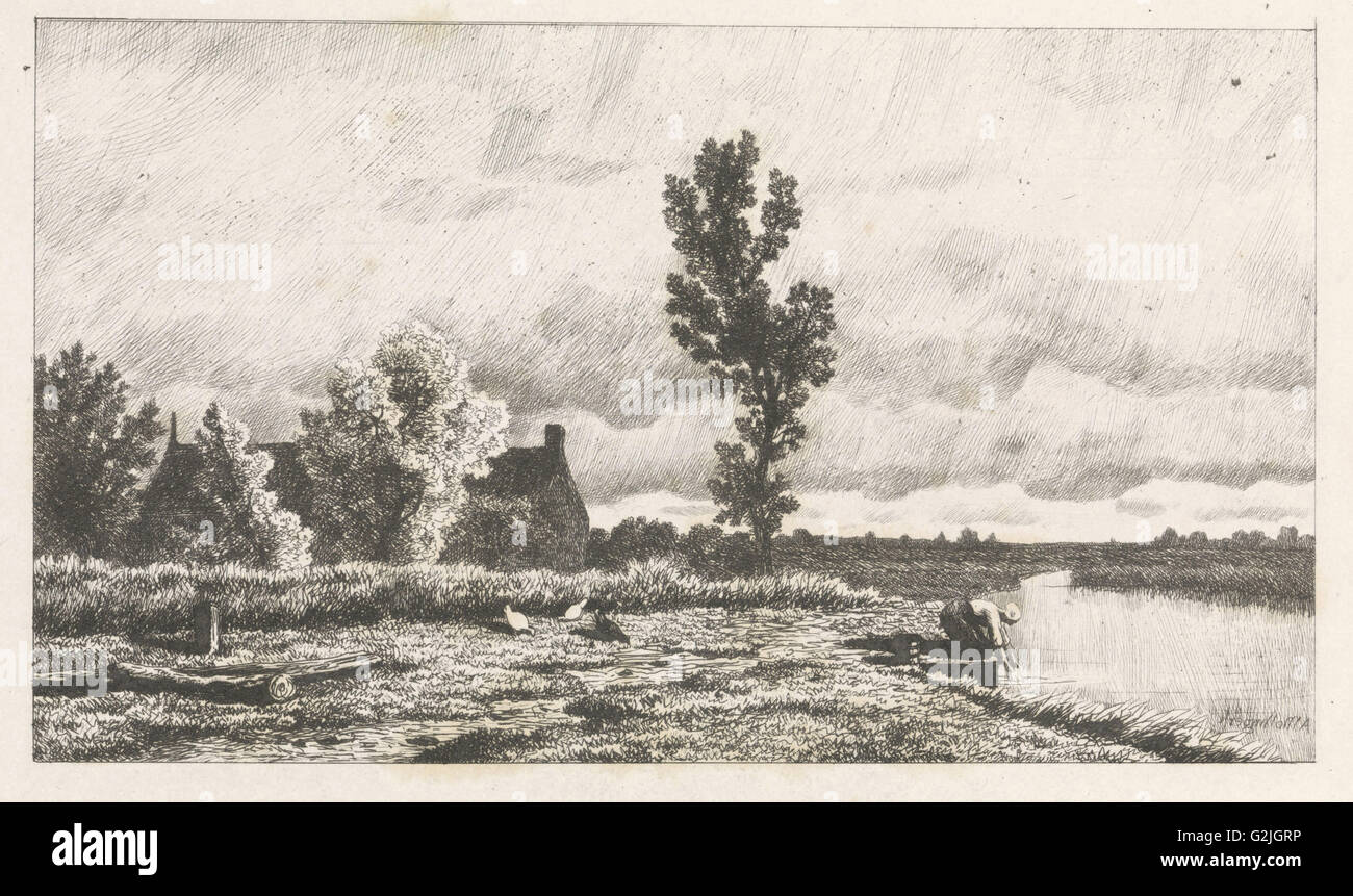 Landscape with a woman who does the laundry, Alexander Mollinger, 1860 ...