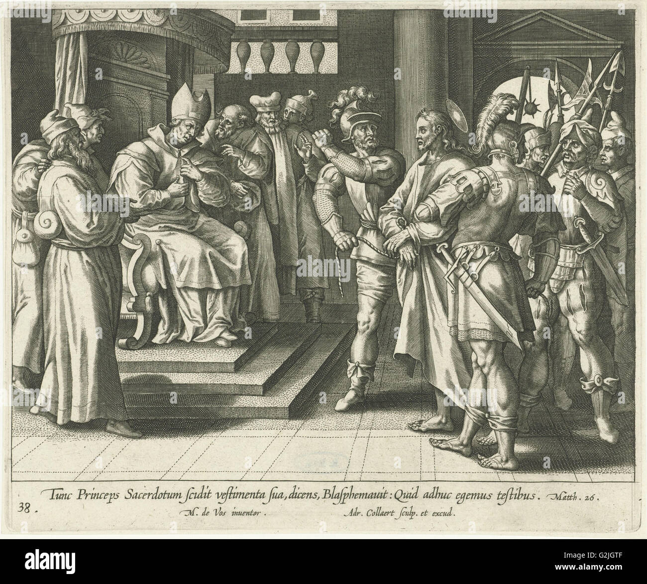 Christ before Caiaphas, print maker: Adriaen Collaert, Maerten de Vos ...