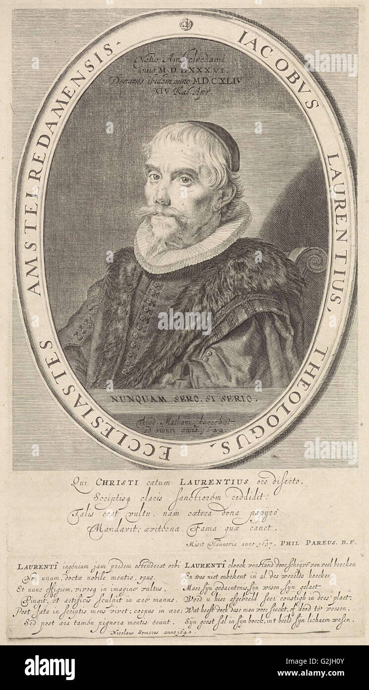 Portrait of the Amsterdam theologian Jacobus Laurentius, print maker ...