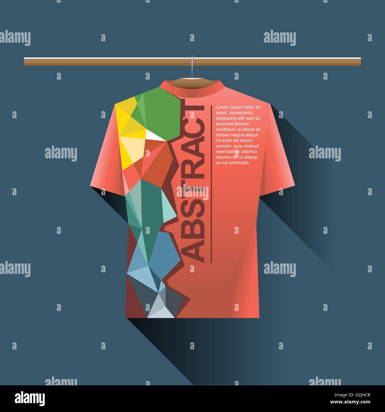 Abstract red shirt with colored logo with triangles and text on a ...