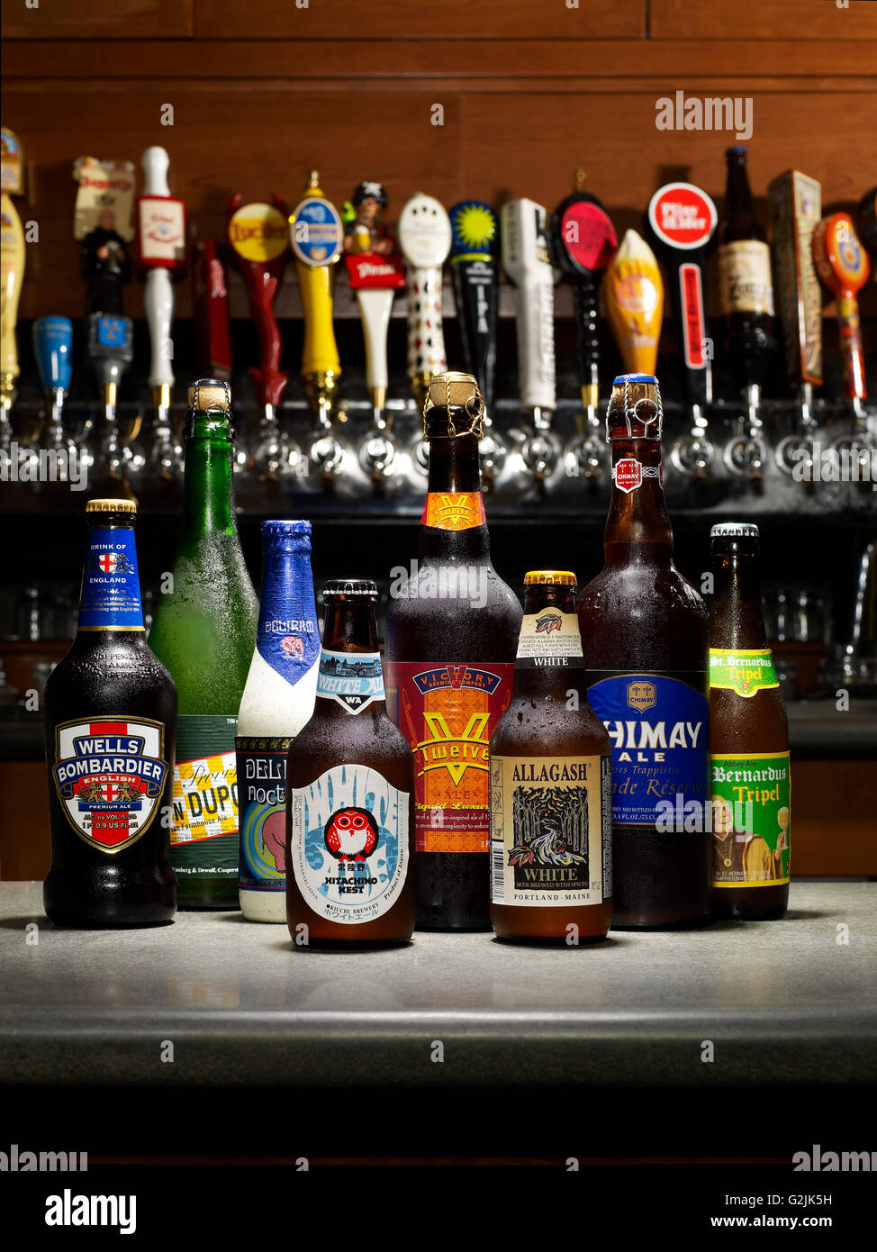 Assorted Beers on Bar Stock Photo - Alamy
