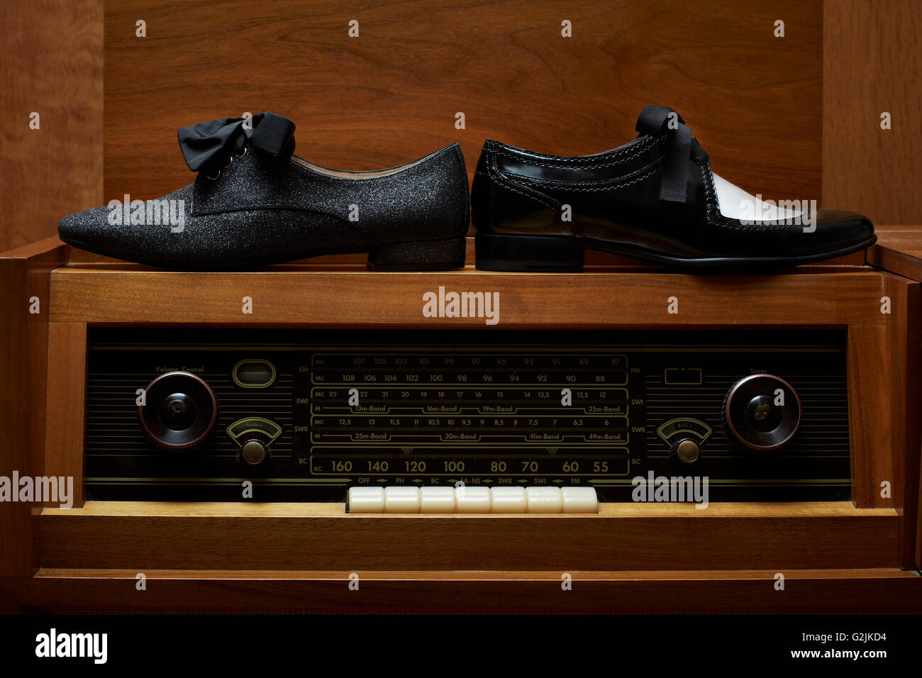 Old Stereo Record Player With Two Shoes Stock Photo - Alamy