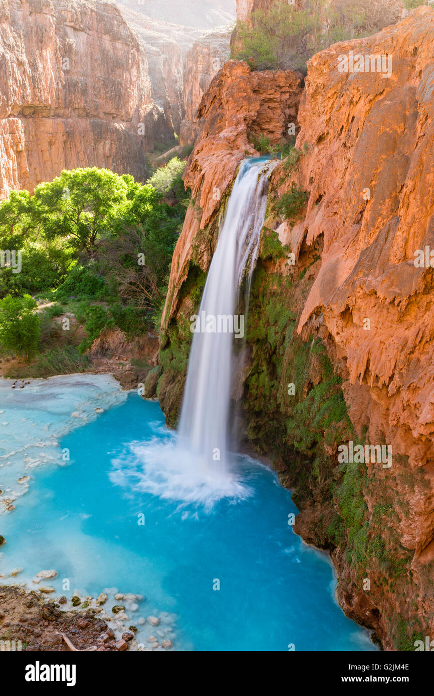 Havasu Falls plunges into a deep blue-green pool, with Cataract Canyon ...