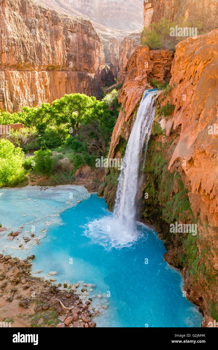 Havasu Falls plunges into a deep blue-green pool, with Cataract Canyon ...