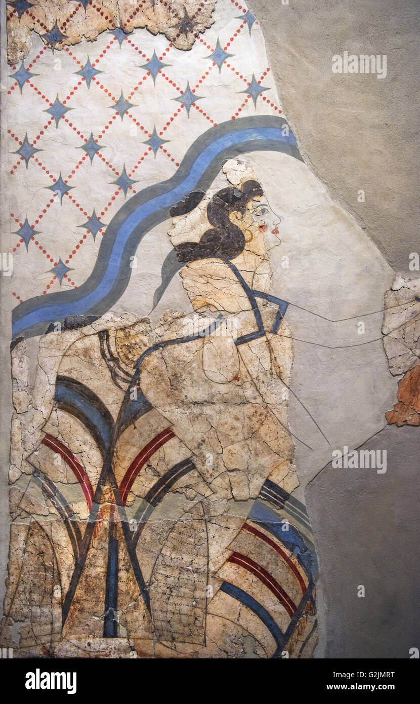A fresco of a Theran woman in the Museum of Prehistoric Thera in Fira ...