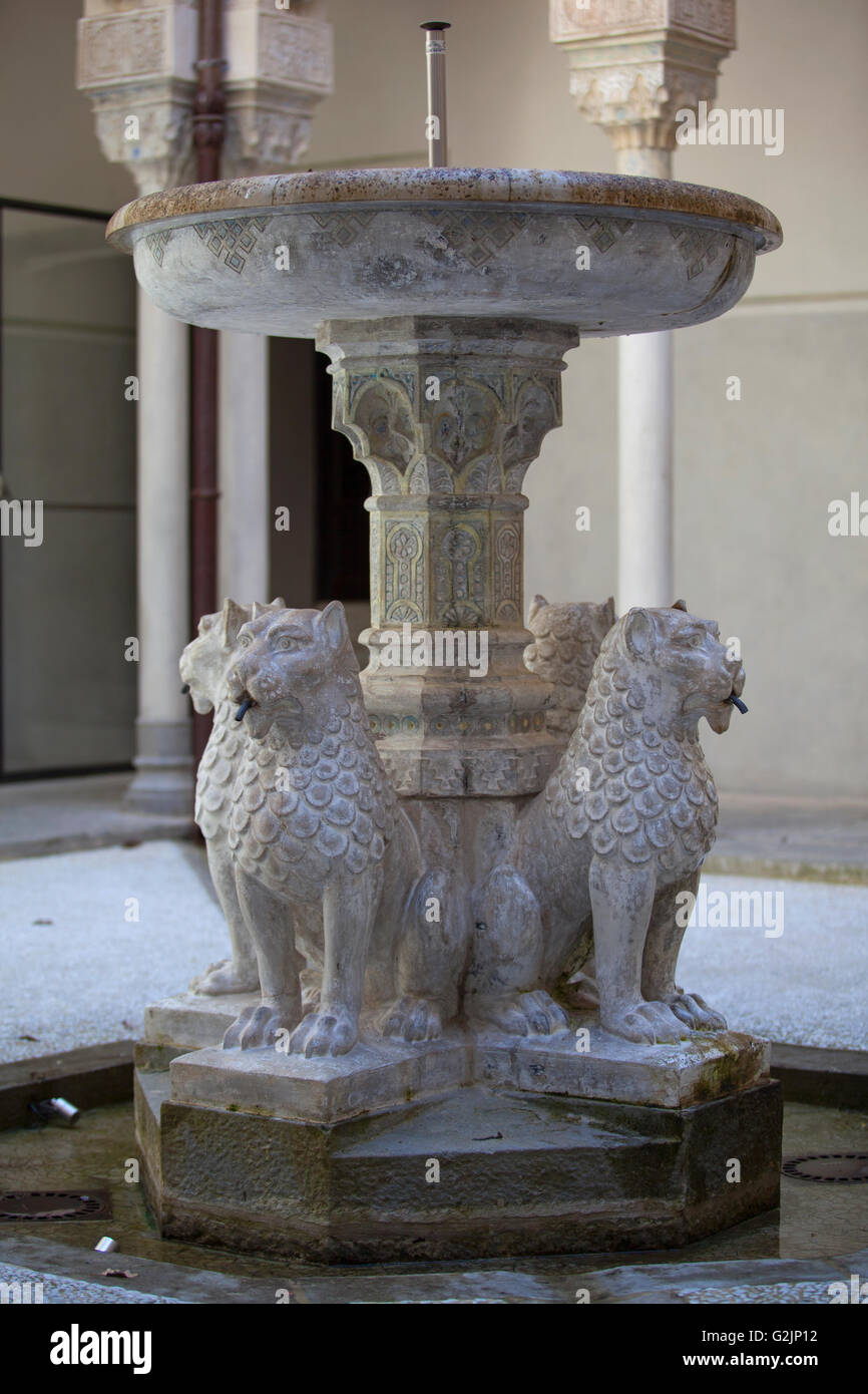 A fountain sculpture inside the "Cortile dei leoni" of the Rocchetta ...
