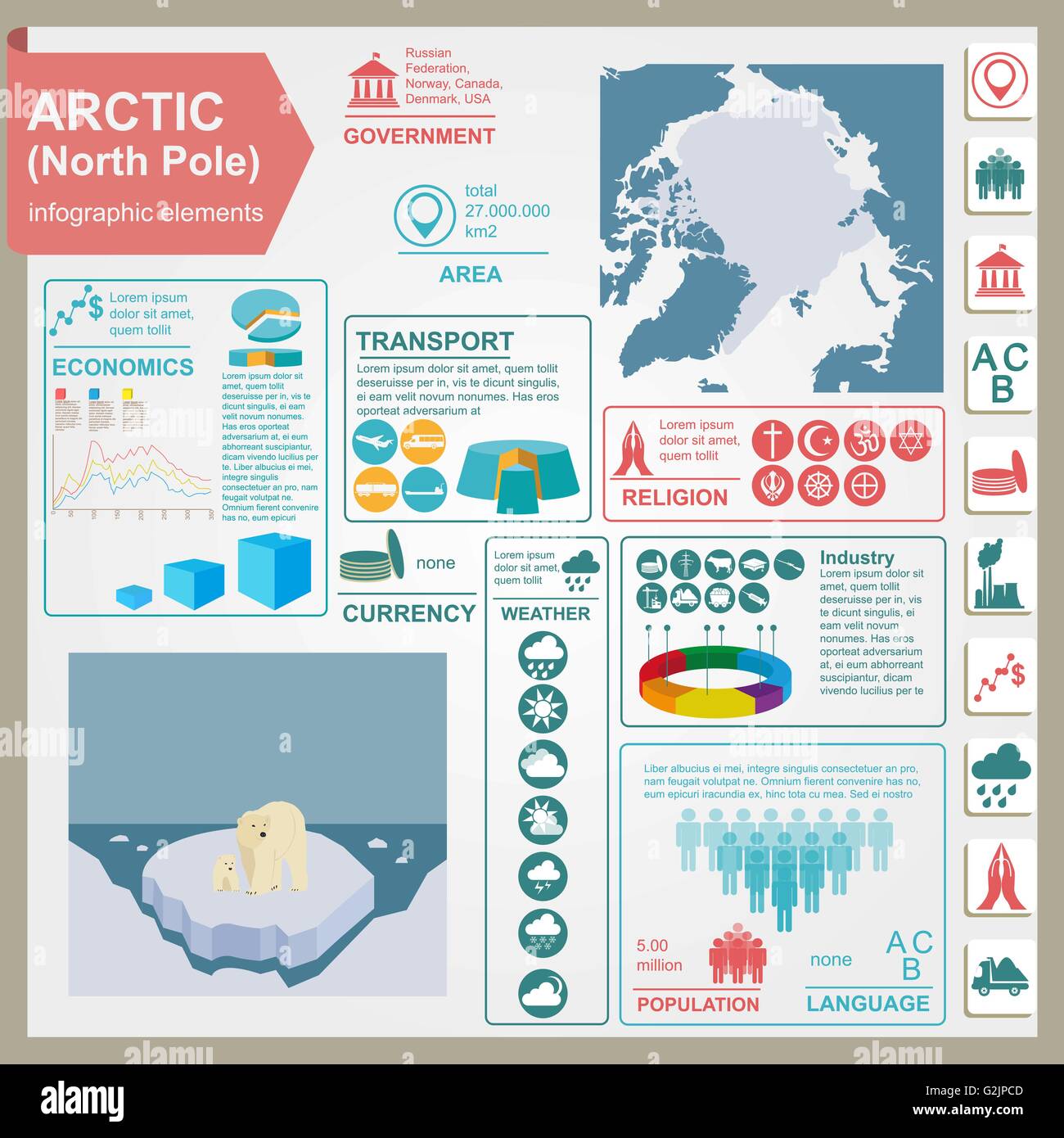 Arctic (North Pole) infographics, statistical data, sights. Vector ...
