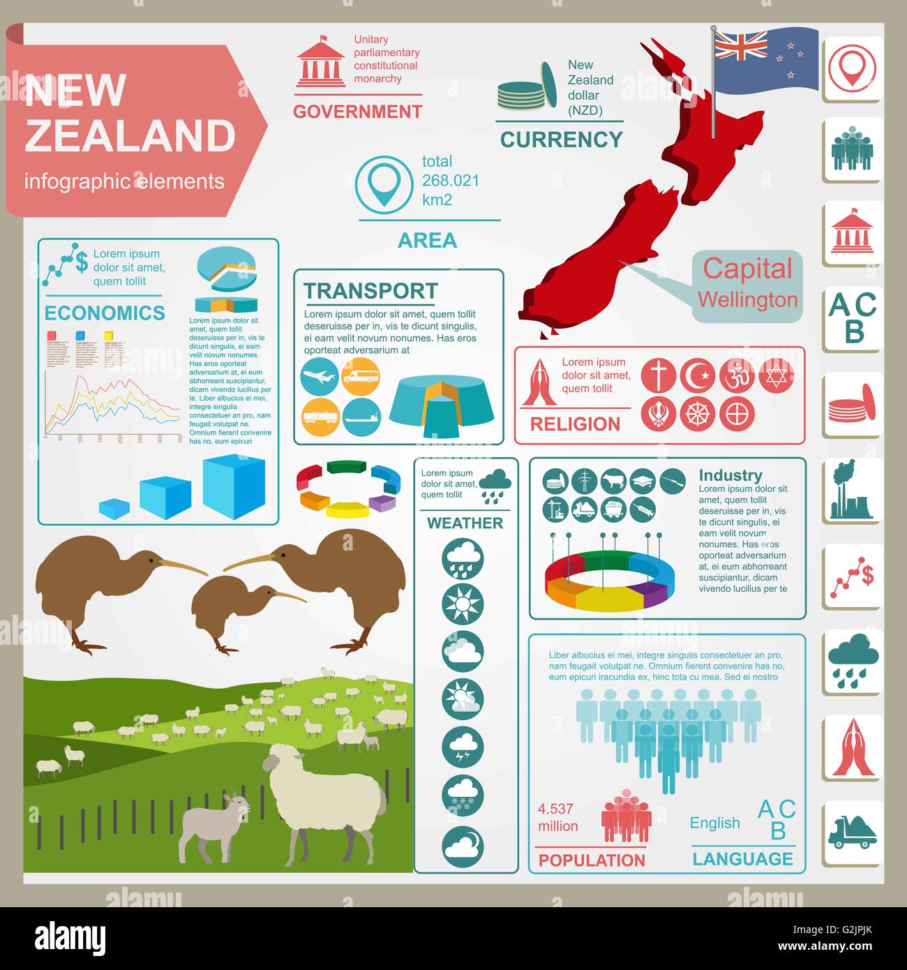 New Zealand infographics, statistical data, sights. Vector illustration ...