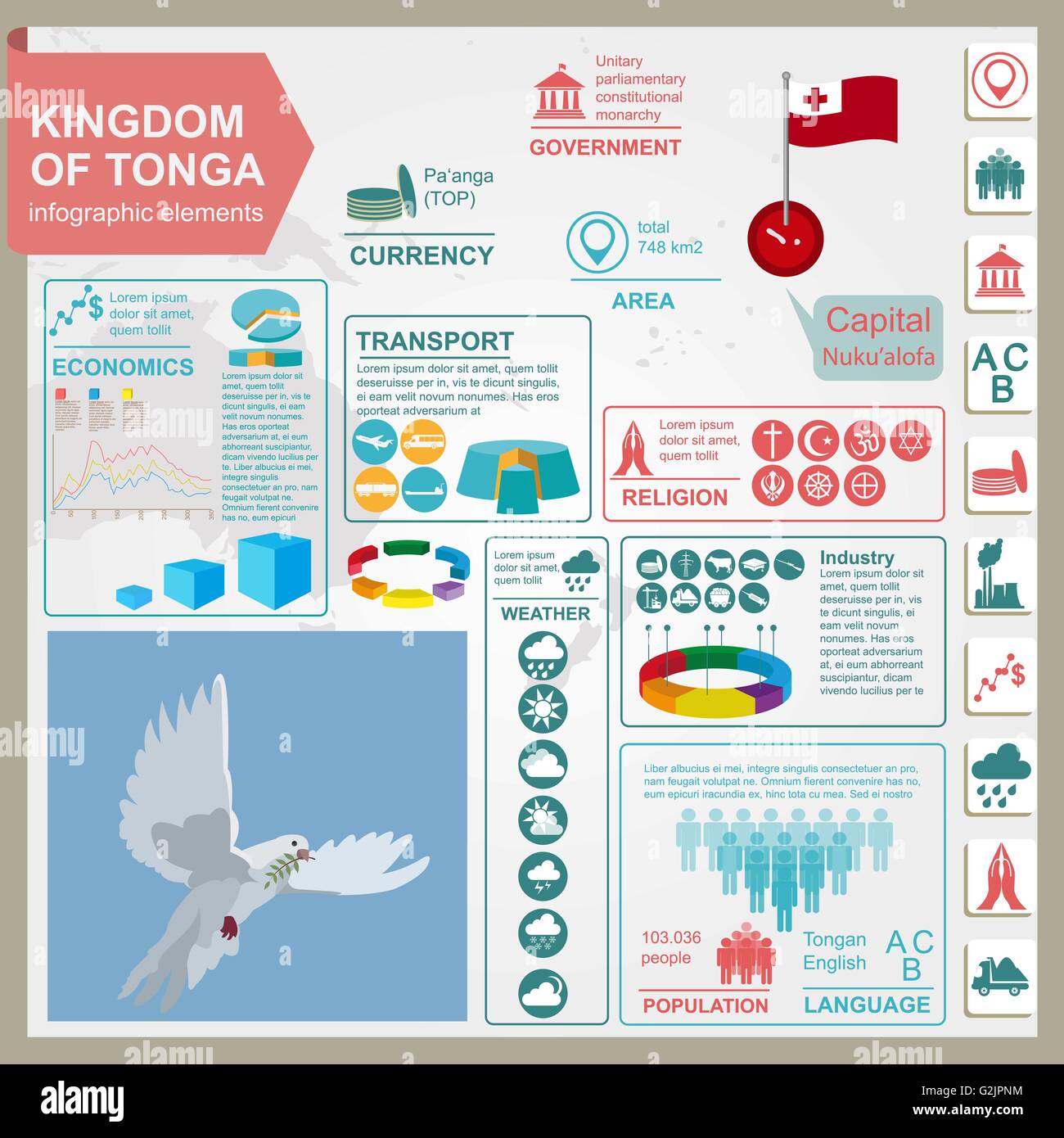 Tonga infographics, statistical data, sights. Dove with olive branch ...