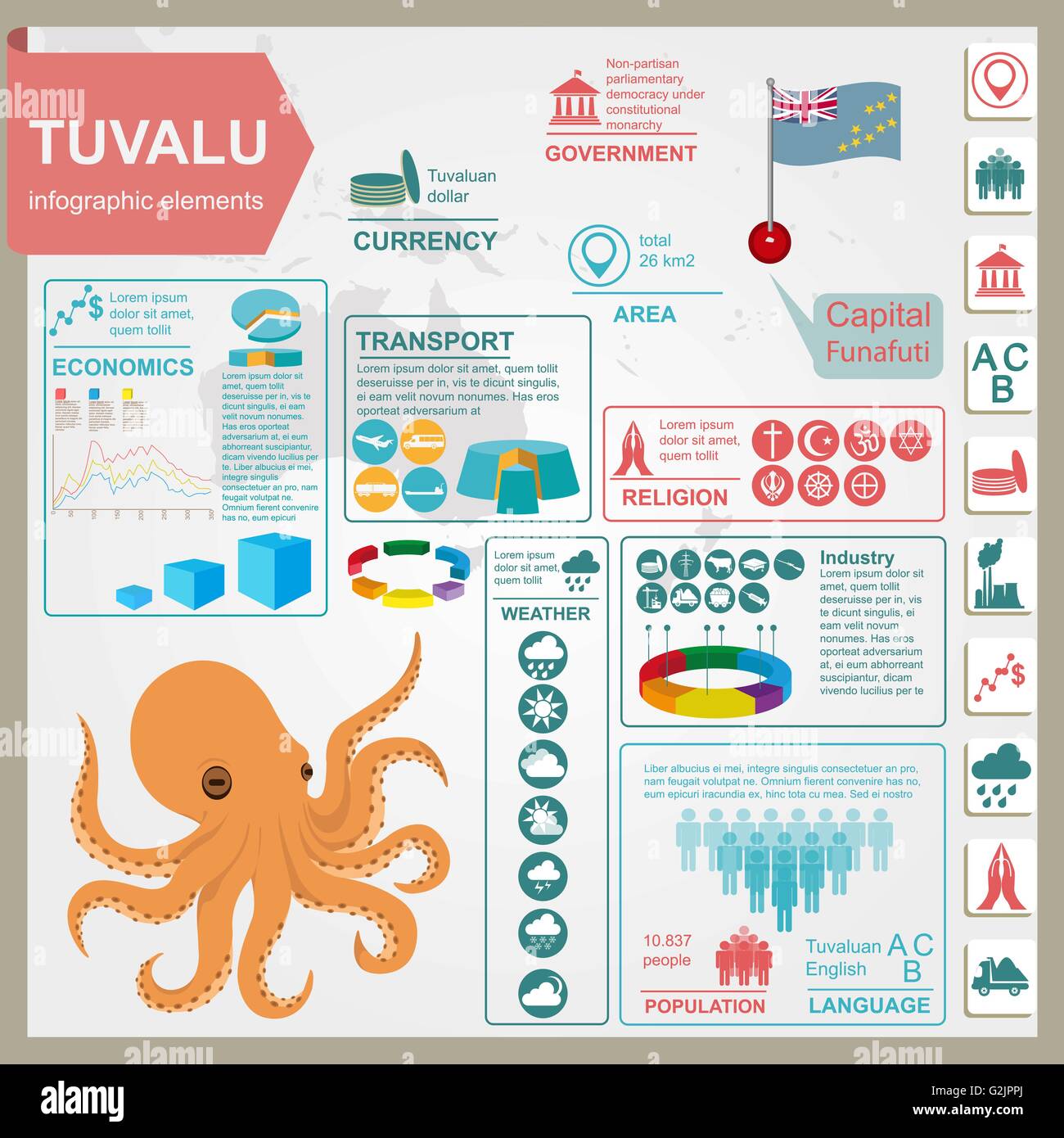 Tuvalu infographics, statistical data, sights. Octopus. Vector ...
