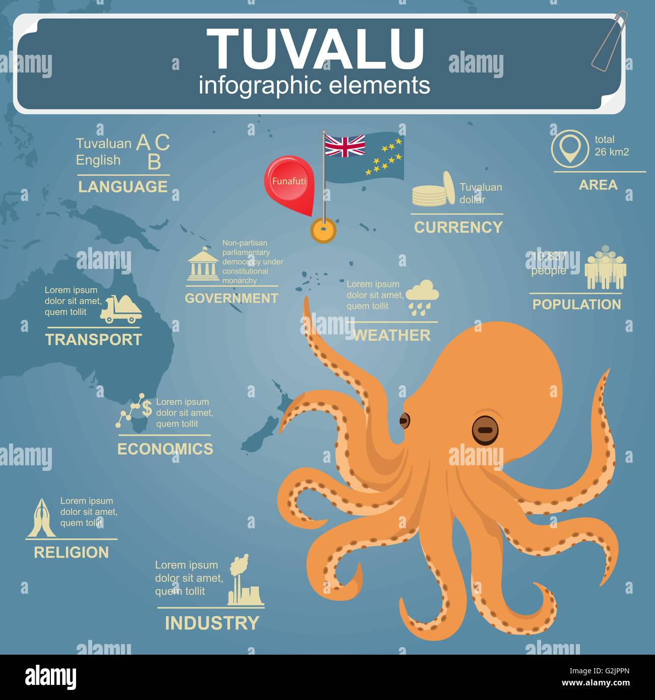 Tuvalu infographics, statistical data, sights. Octopus. Vector ...