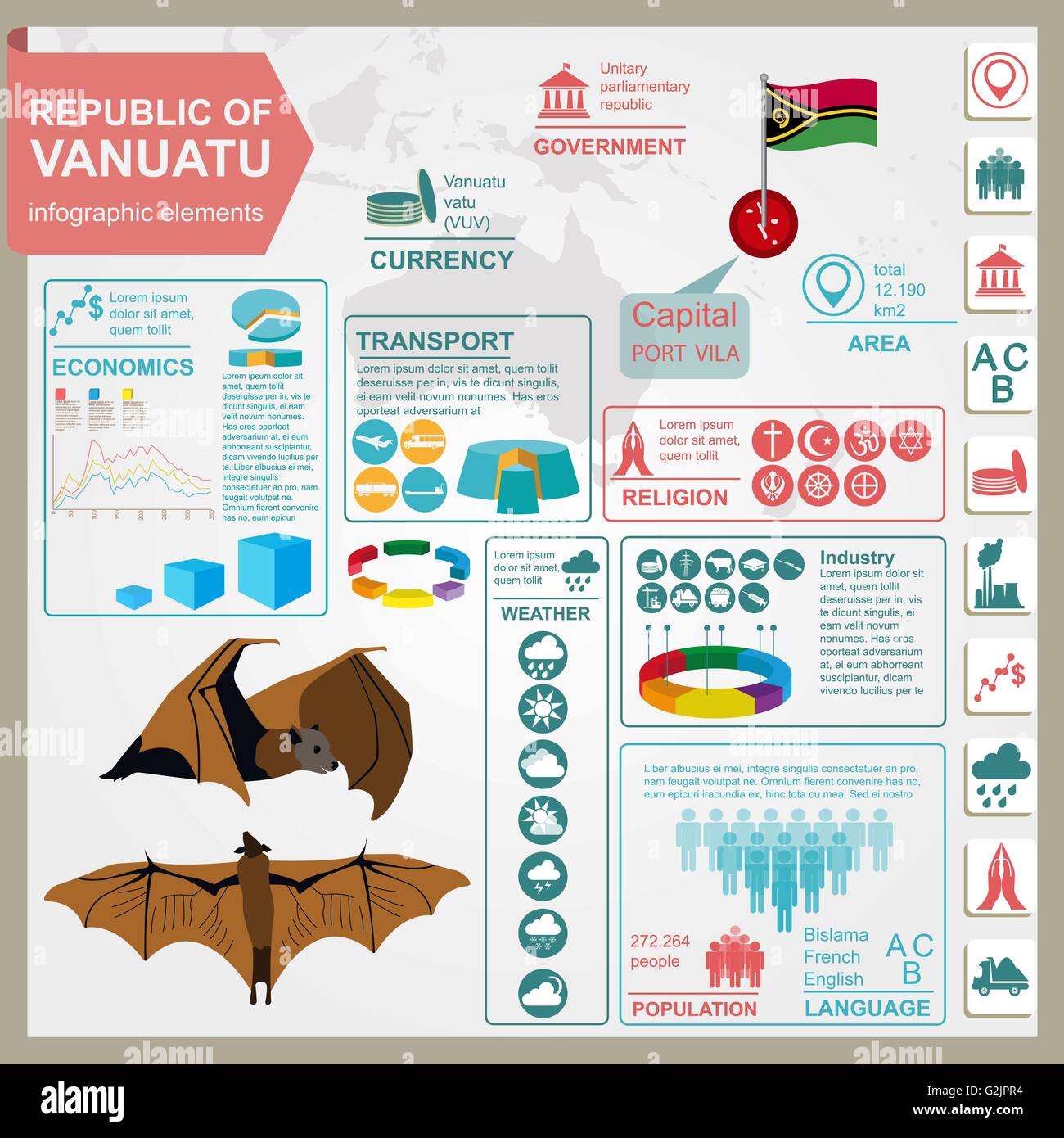 Vanuatu infographics, statistical data, sights. Flying fox. Vector ...
