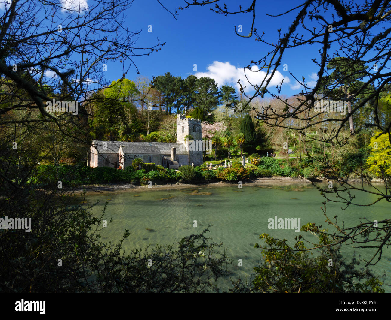 The church of St Just in Roseland, Cornwall stands on the bank of a ...