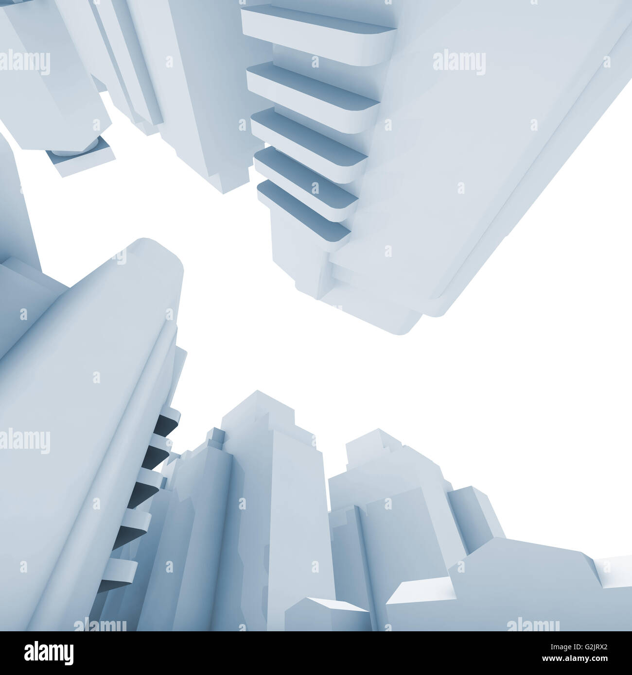 Abstract contemporary buildings on white background, blue toned 3d ...