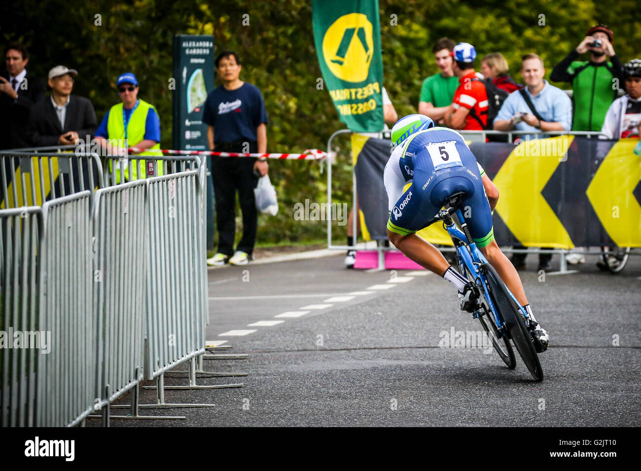 MELBOURNE, AUSTRALIA - FEBRUARY 3: Sam Bewley of ORICA-GreenEDGE takes a corner in the Prologue ...