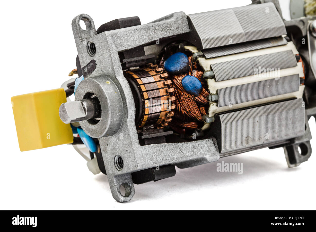 Part of small electric motor, close-up, isolated on white background ...