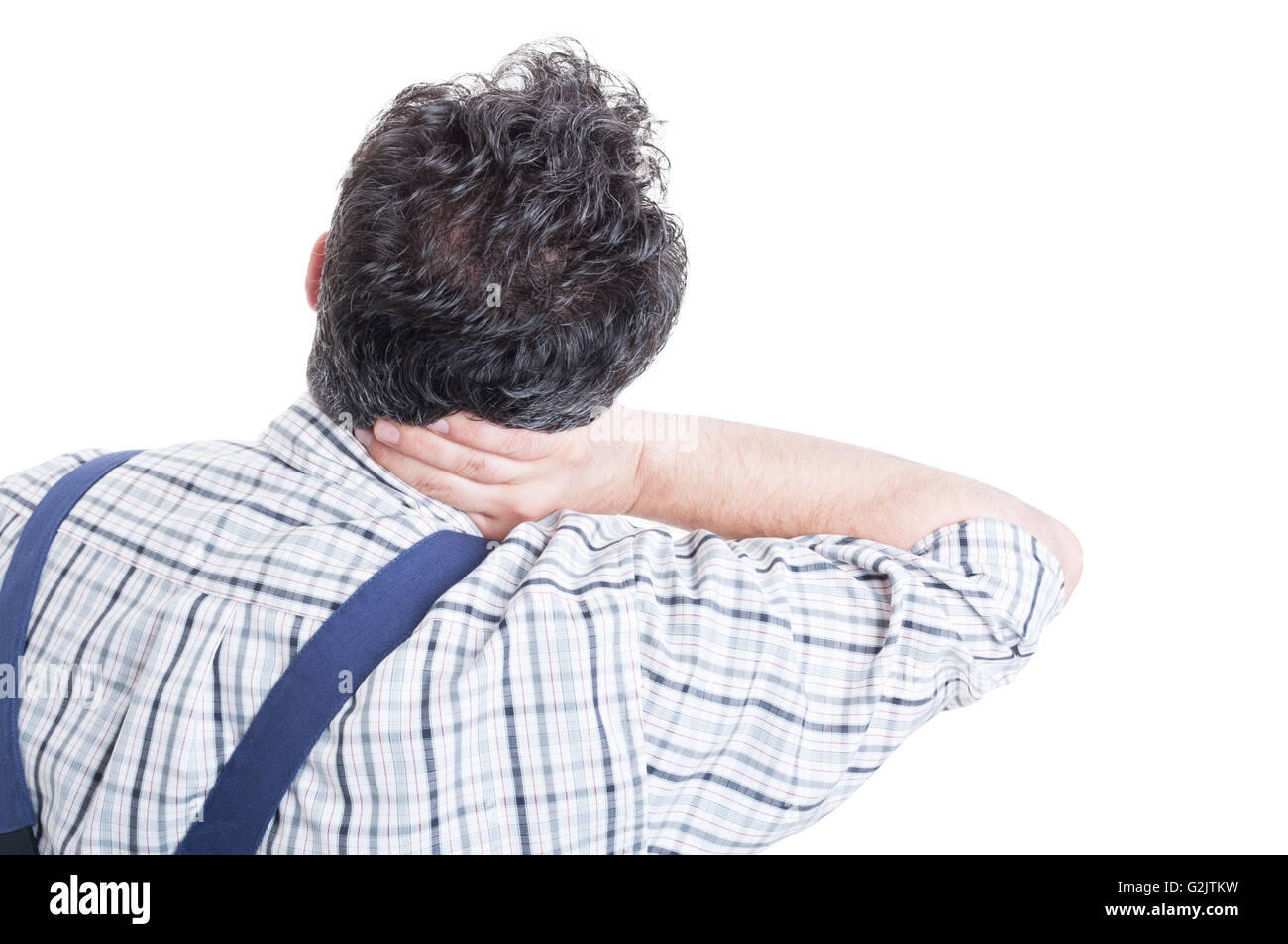 Tired or stressed mechanic suffering from neck pain in close-up ...