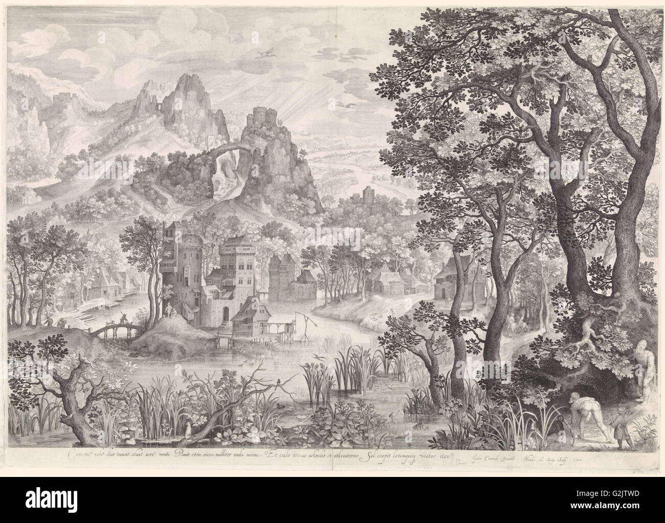 Landscape with duck hunting, Nicolaes de Bruyn, 1600 Stock Photo - Alamy
