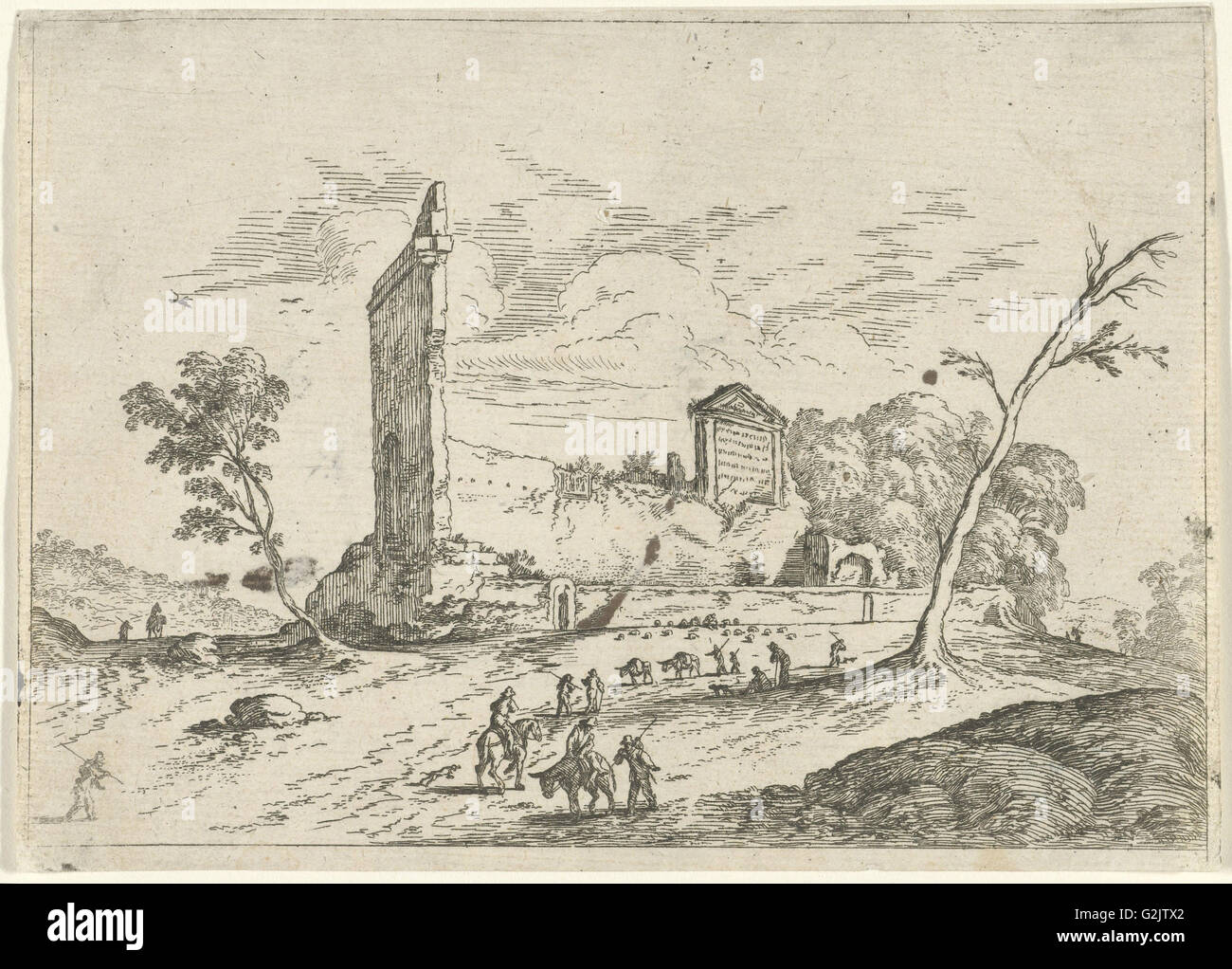 Landscape with Roman ruins and donkey herders, attributed to Jan van ...