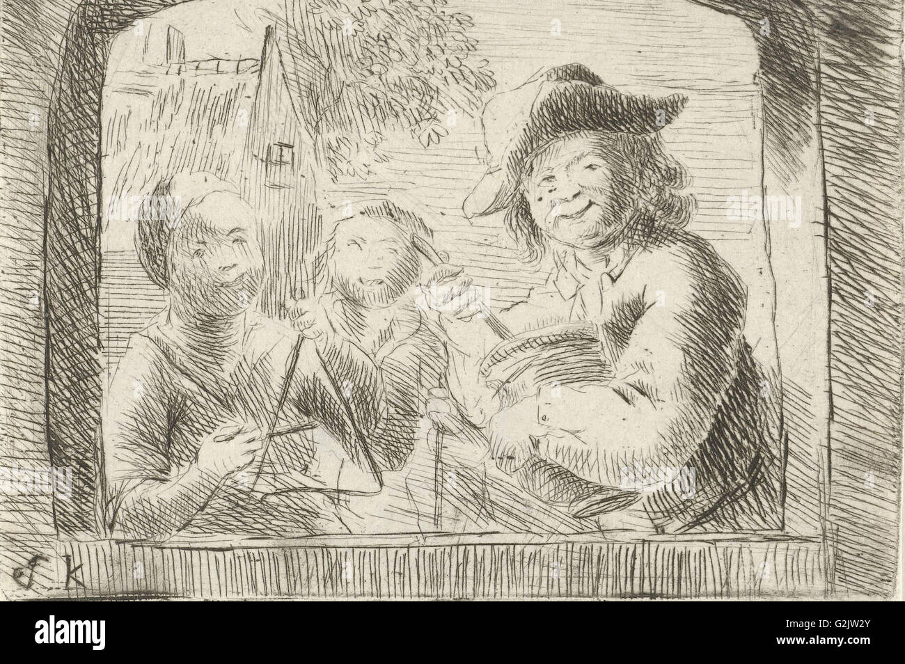 Rommelpot, a friction drum player and two children in a niche, Simon ...