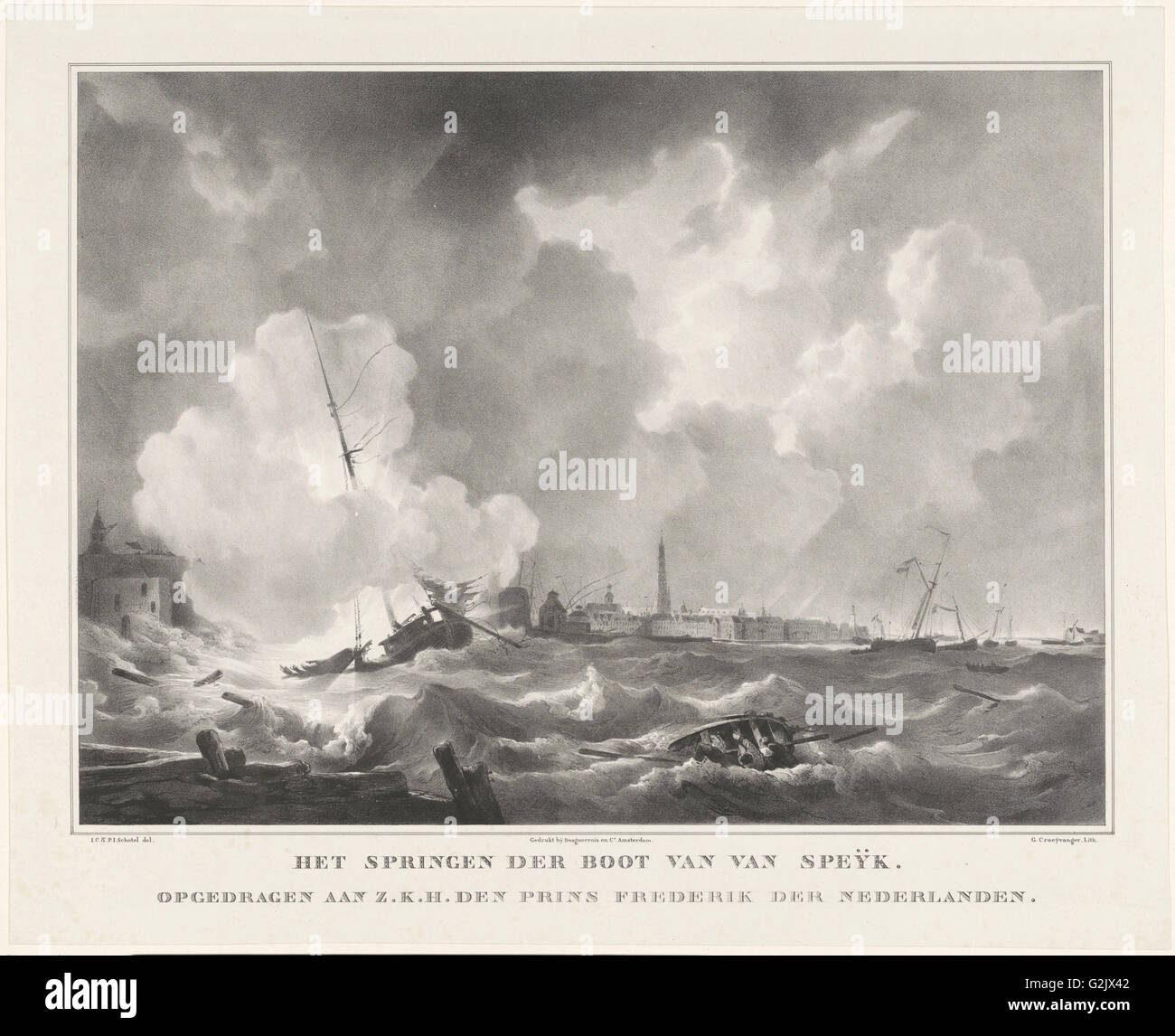 Exploding of the boat of Jan van Speyk, 1831, Gijsbertus Craeyvanger ...