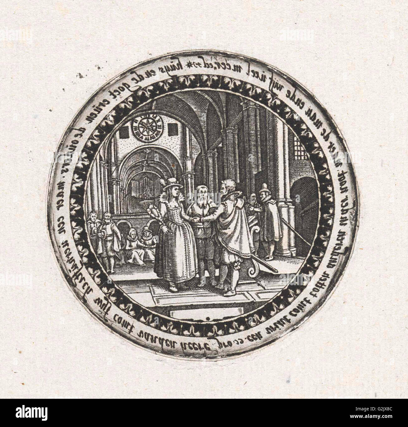 Print of a medallion with a depiction of a wedding ceremony in a church ...