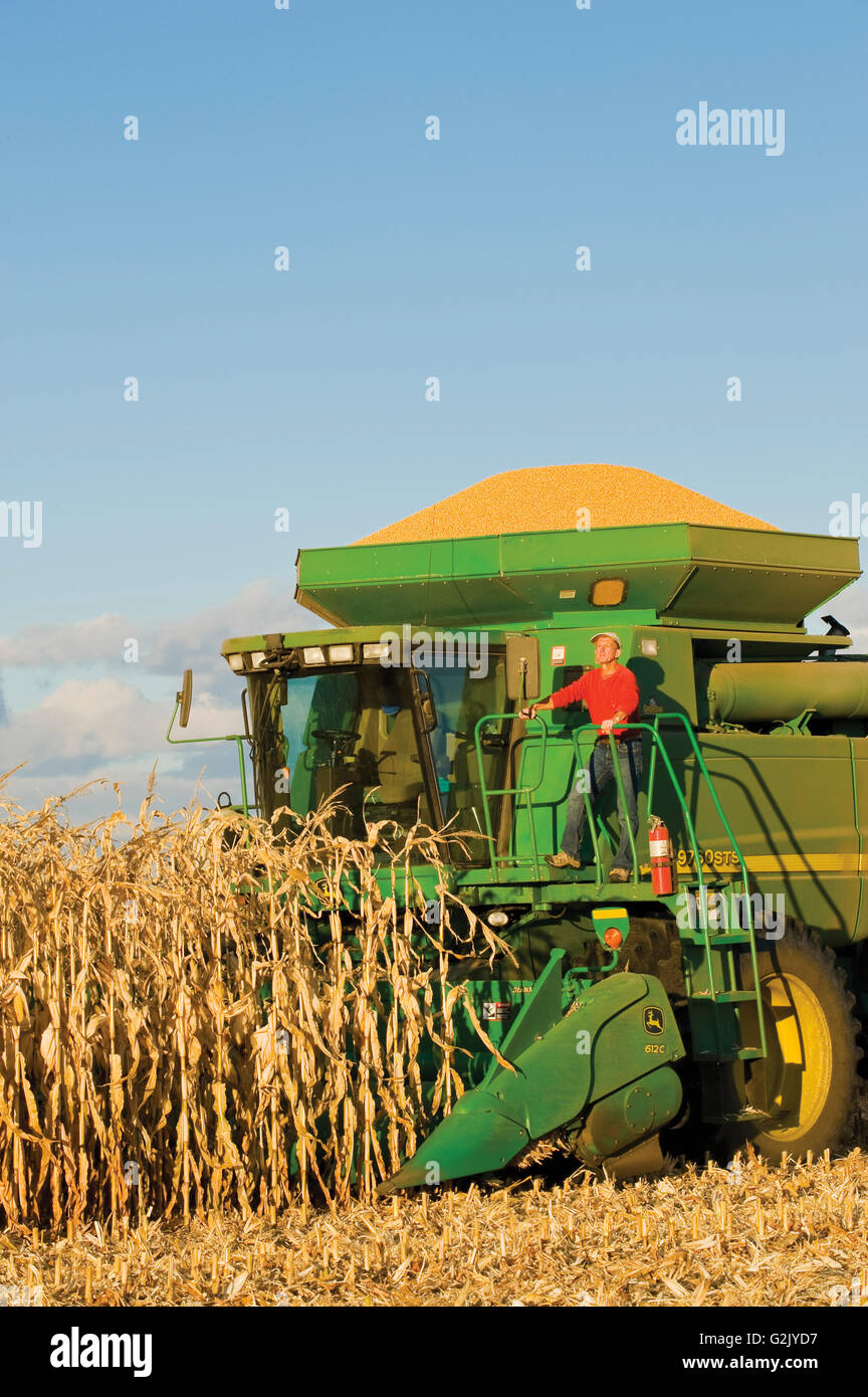 a man stands on the deck of a combine harvester filled with the ...