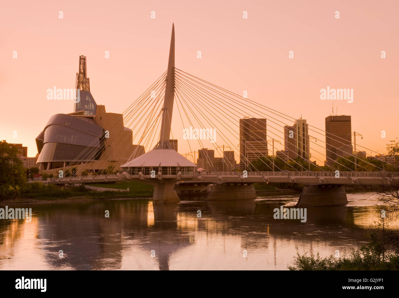 Winnipeg skyline from St Boniface showing Red River Esplanade Riel ...