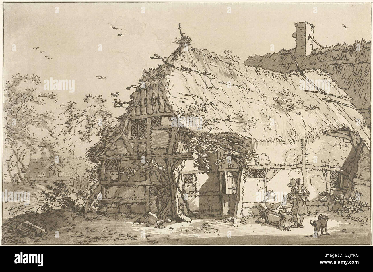 Farm with a family in the yard, print maker: Hendrik Meijer, print ...