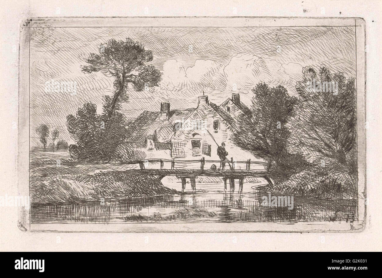 Angler on a bridge at a farm, Jan Gerard Smits, 1875 Stock Photo - Alamy