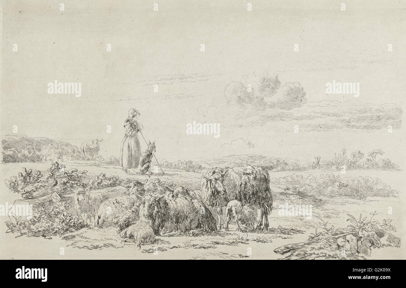 Landscape with shepherd dog with sheep herd, Simon van den Berg, 1822 ...