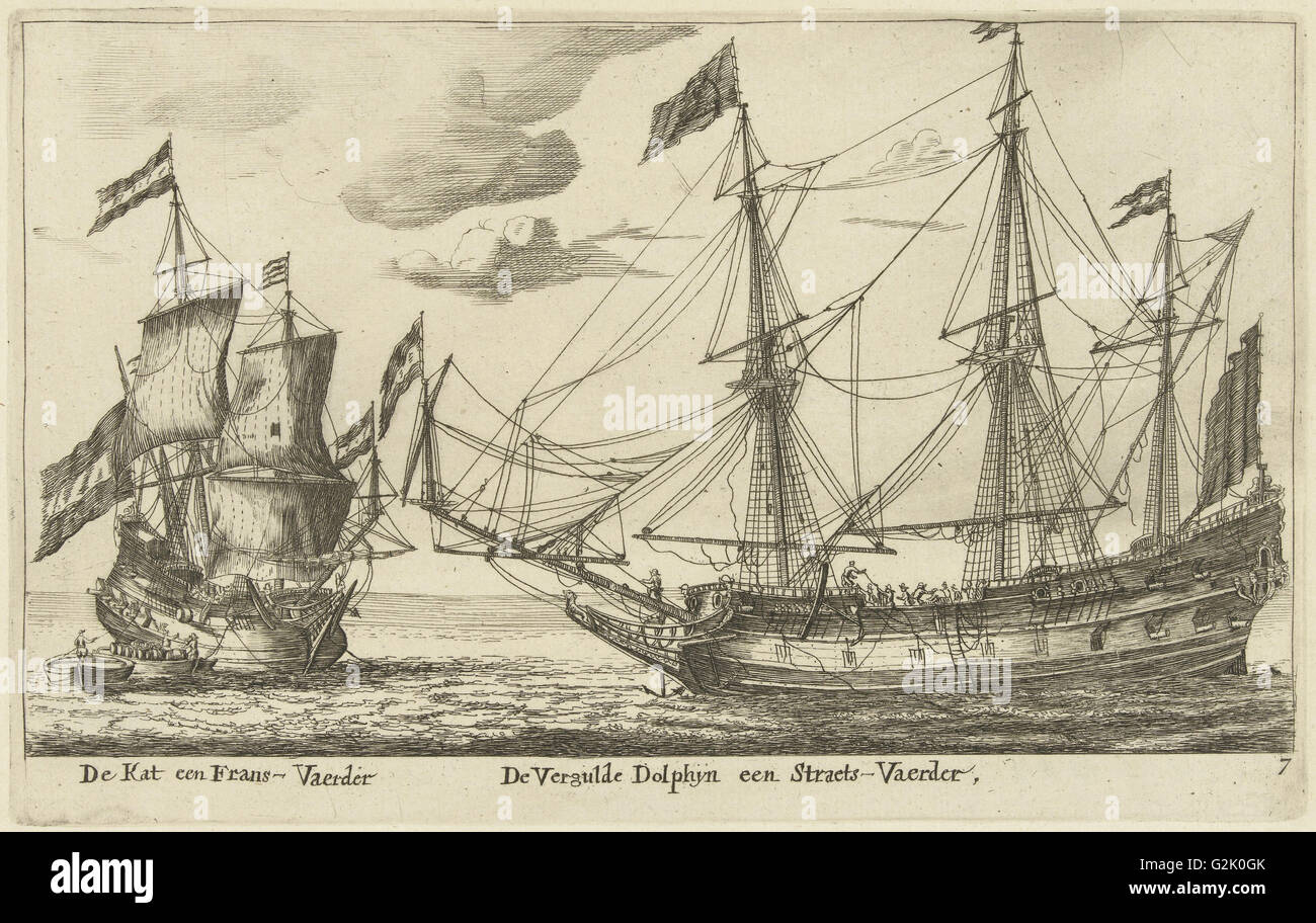 The ships Vergulde Dolfijn and De Kat, print maker: Anonymous, 1652 ...
