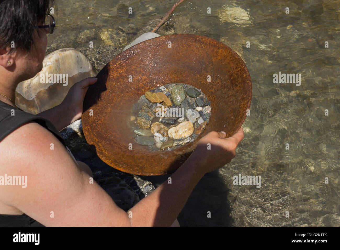 woman Panning for Alluvial Gold, using the traditional panning method ...
