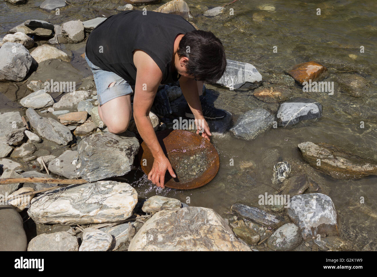 woman Panning for Alluvial Gold, using the traditional panning method ...