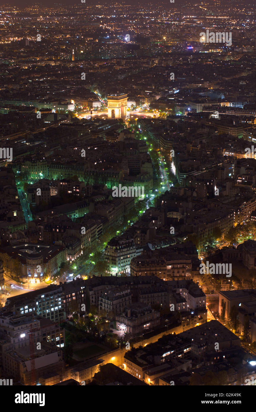 Aerial Night view of Paris City and Seine river shot on the top of ...