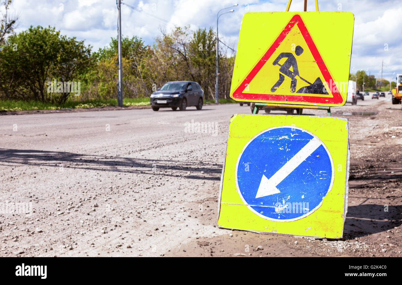 Road signs attention construction site hi-res stock photography and ...