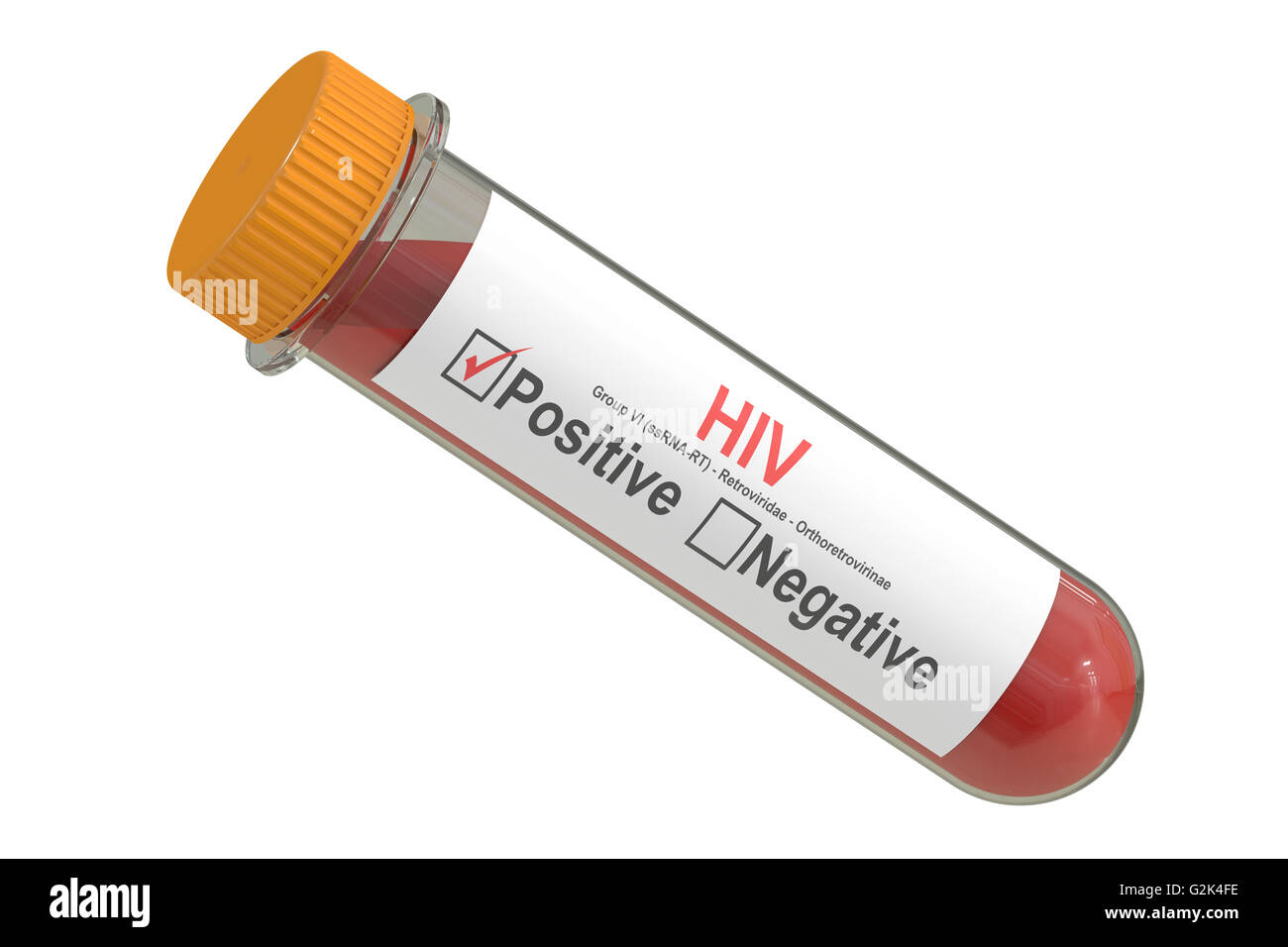 test tube with sample blood positive HIV virus. 3D rendering isolated ...