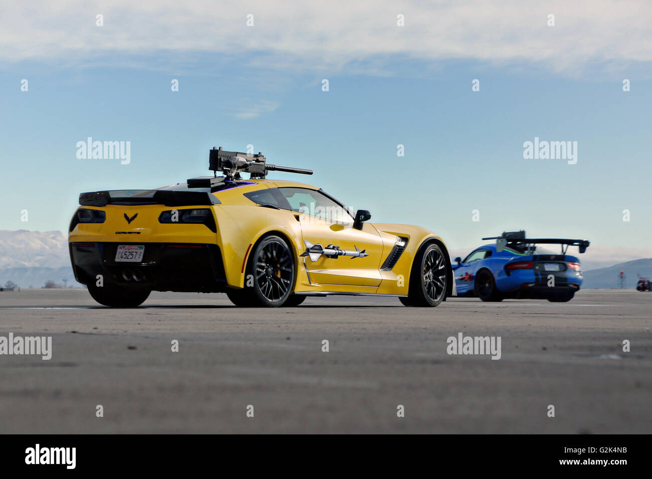 A Dodge Viper ACR and a Chevrolet Corvette Z06 rigged with prop weapons ...