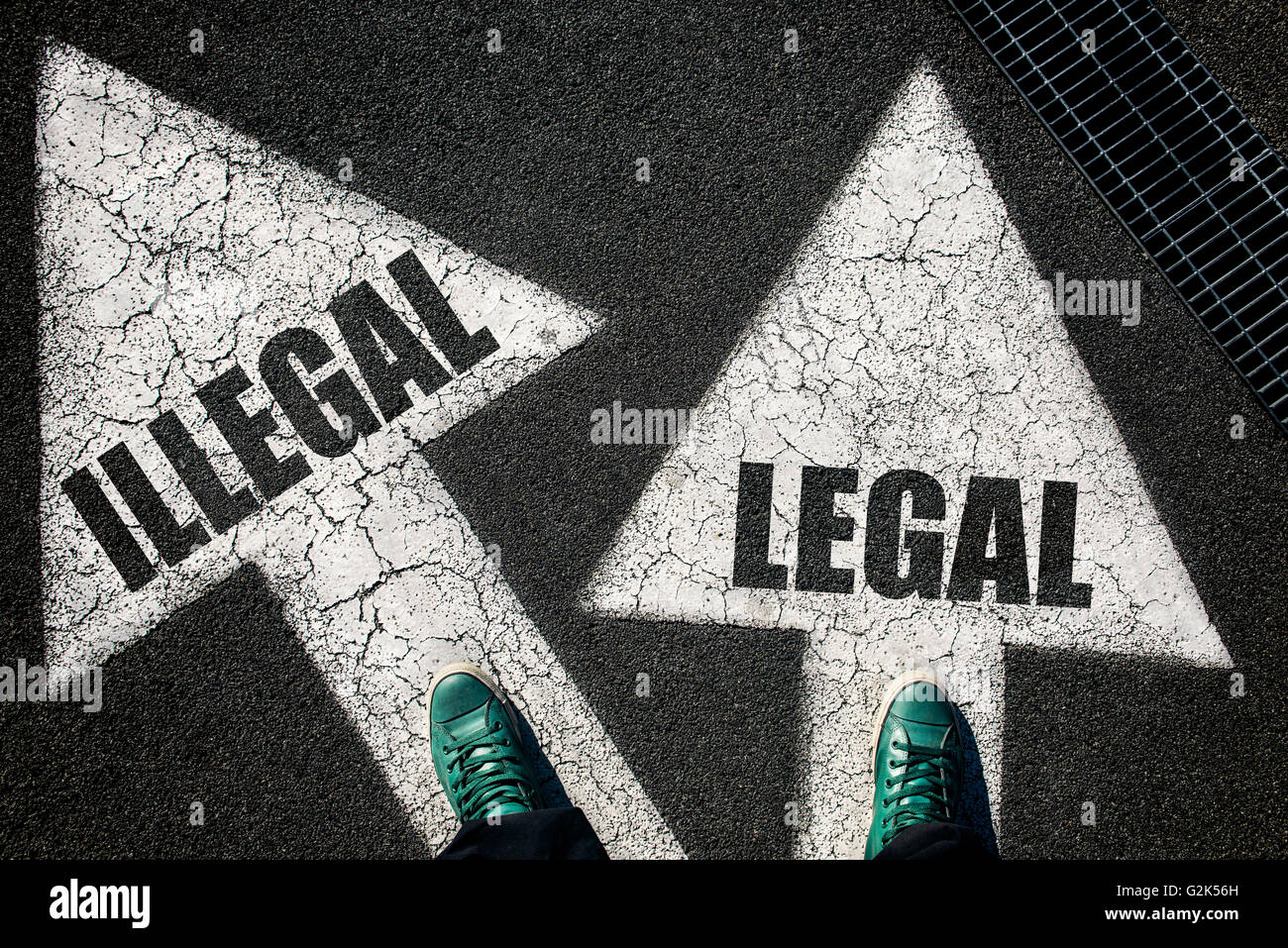 Dilemma concept with mans legs on legal and illegal signs on the road ...