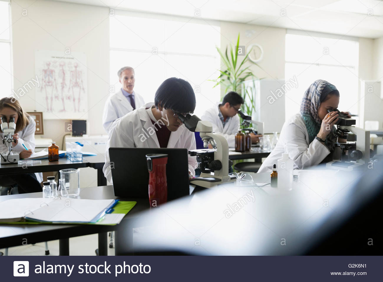 Professor and students at microscopes in science laboratory Stock Photo ...